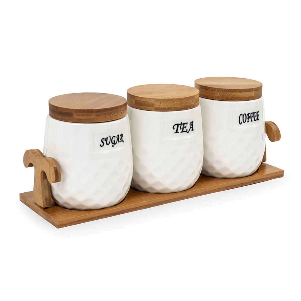 White Ceramic Checkers Tea Coffee Sugar 3 Canisters Set with Wooden St ...