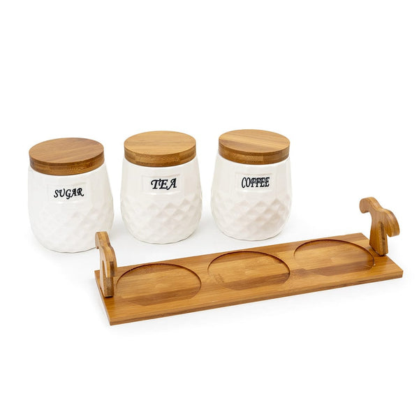 White Ceramic Checkers Tea Coffee Sugar 3 Canisters Set with Wooden St ...