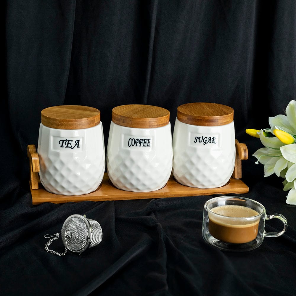 White Ceramic Checkers Tea Coffee Sugar 3 Canisters Set with Wooden St ...