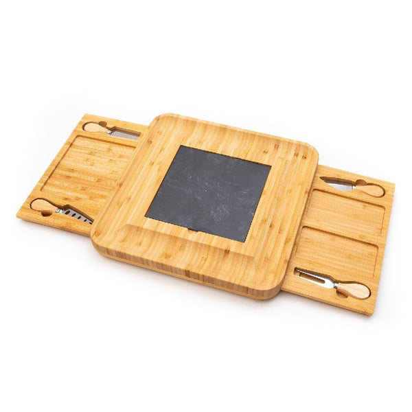 Bamboo Wood Cheese Serving Platter with in-built Double Drawer and 4 C ...