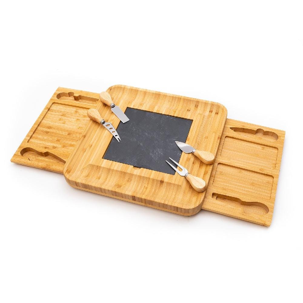 Bamboo Wood Cheese Serving Platter with in-built Double Drawer and 4 C ...