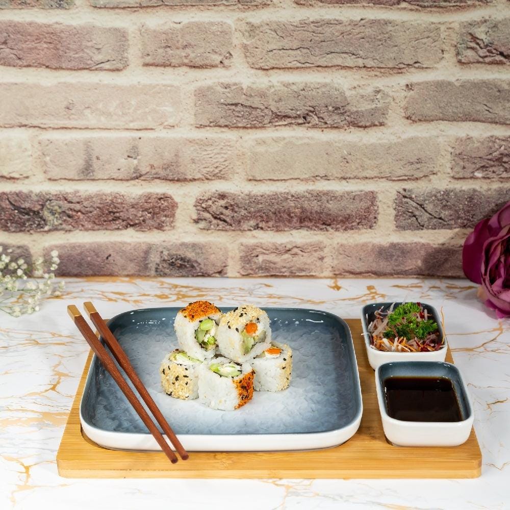 Gray-White Square Sushi Plate on Wooden Tray Set (1 Plate - 2 Bowls ...